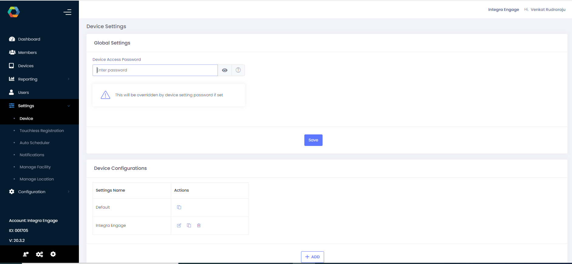 Integra Engage Settings