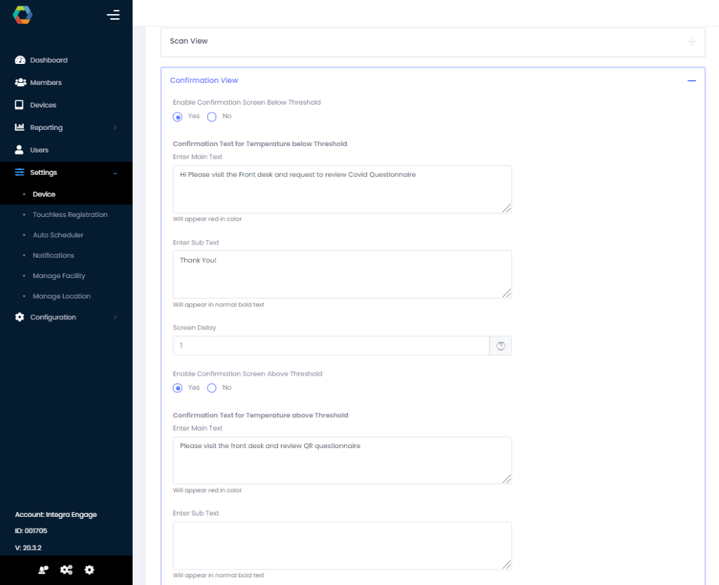 Integra Engage Settings