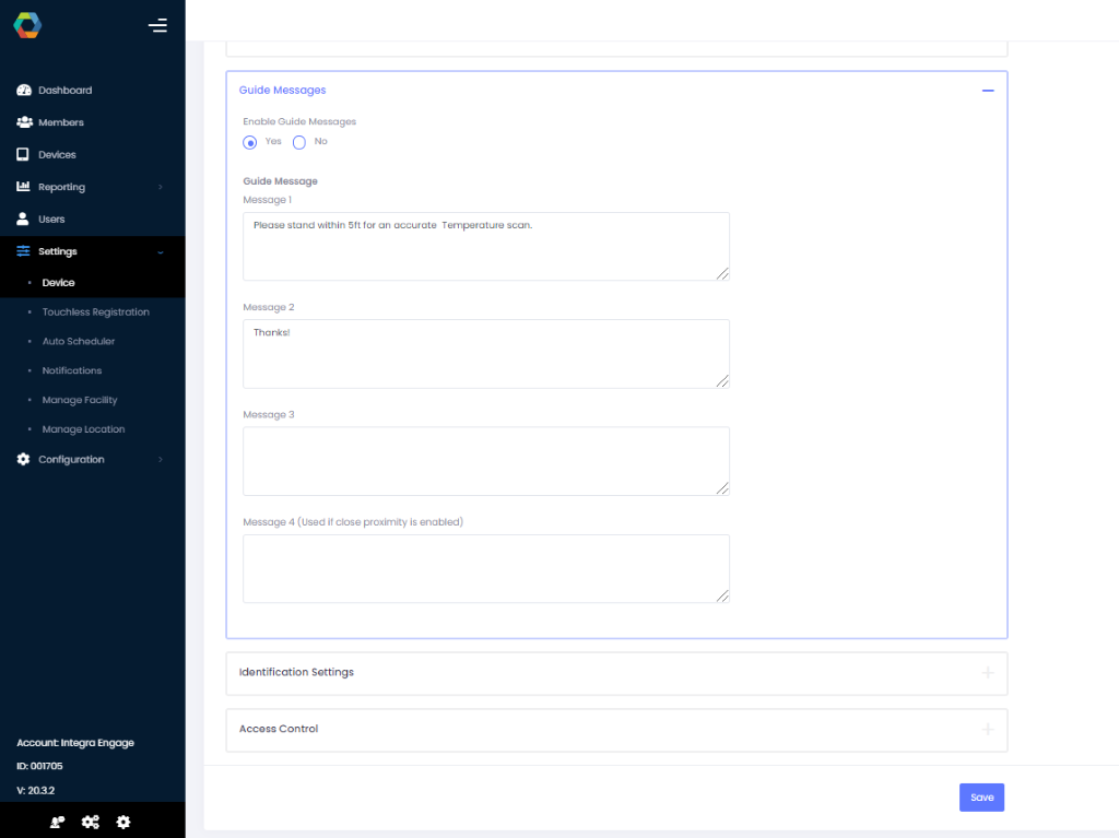 Integra Engage Settings